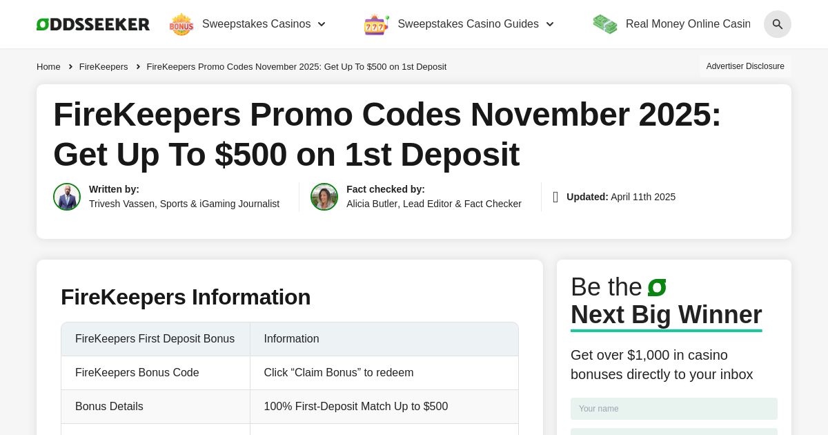 FireKeepers Promo Codes💰:Get Up To $500 on 1st Deposit