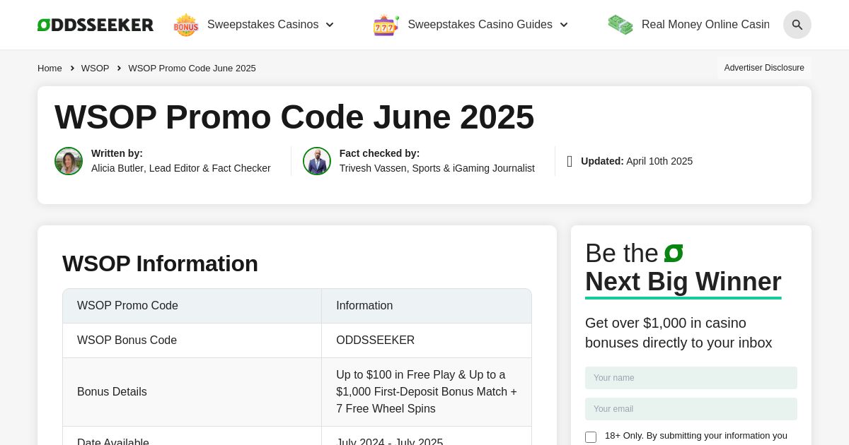 WSOP Promo Code - ODDSSEEKER