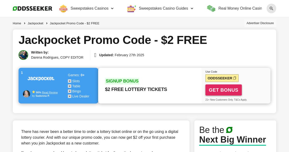 Jackpocket No Deposit Bonus Code - Use ODDSSEEKER FOR $2 FREE Promo