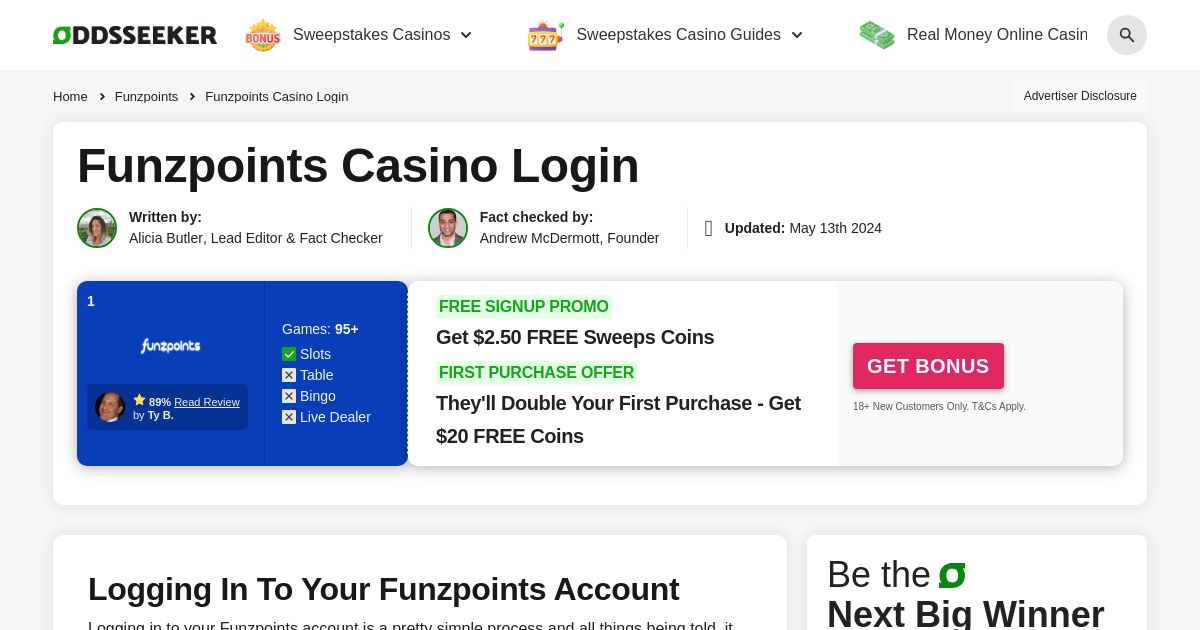 Funzpoints Casino Login🎖️ Get $22.50 FREE with our Code