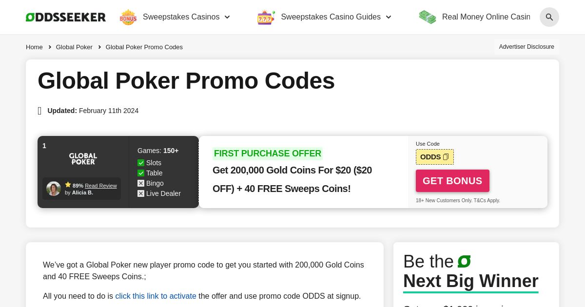 Global Poker Bonus Code 🎖️ Use ODDS For 40 FREE Sweeps Coins Promo